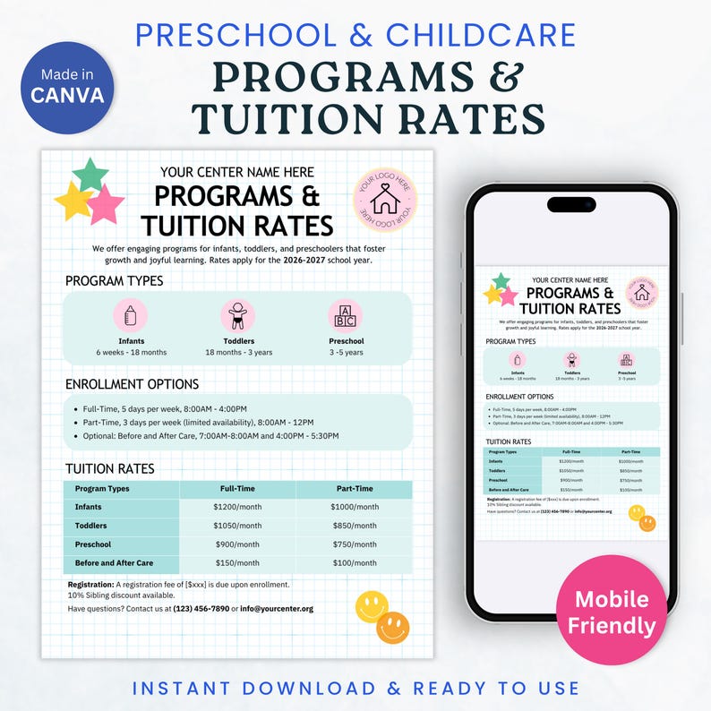 Preschool Programs & Tuition Rates Template Canva Editable Daycare ...