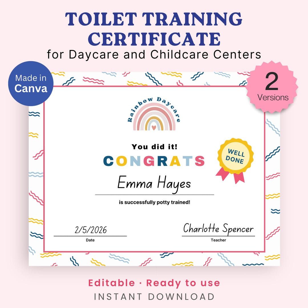 Toilet Training Certificate Potty Training Award First Month Daycare ...