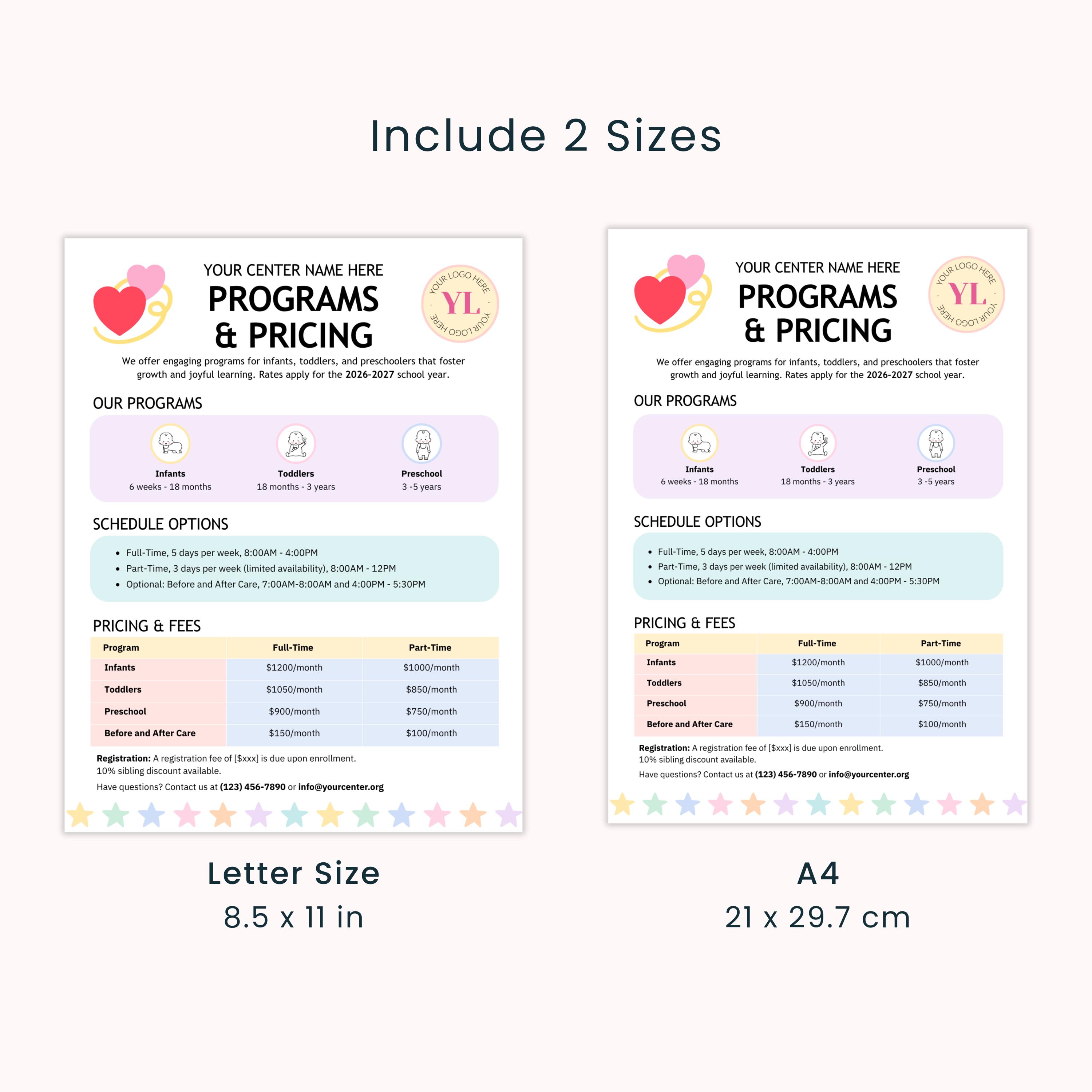 Childcare Programs & Pricing Template Canva Preschool Tuition Fees Info ...