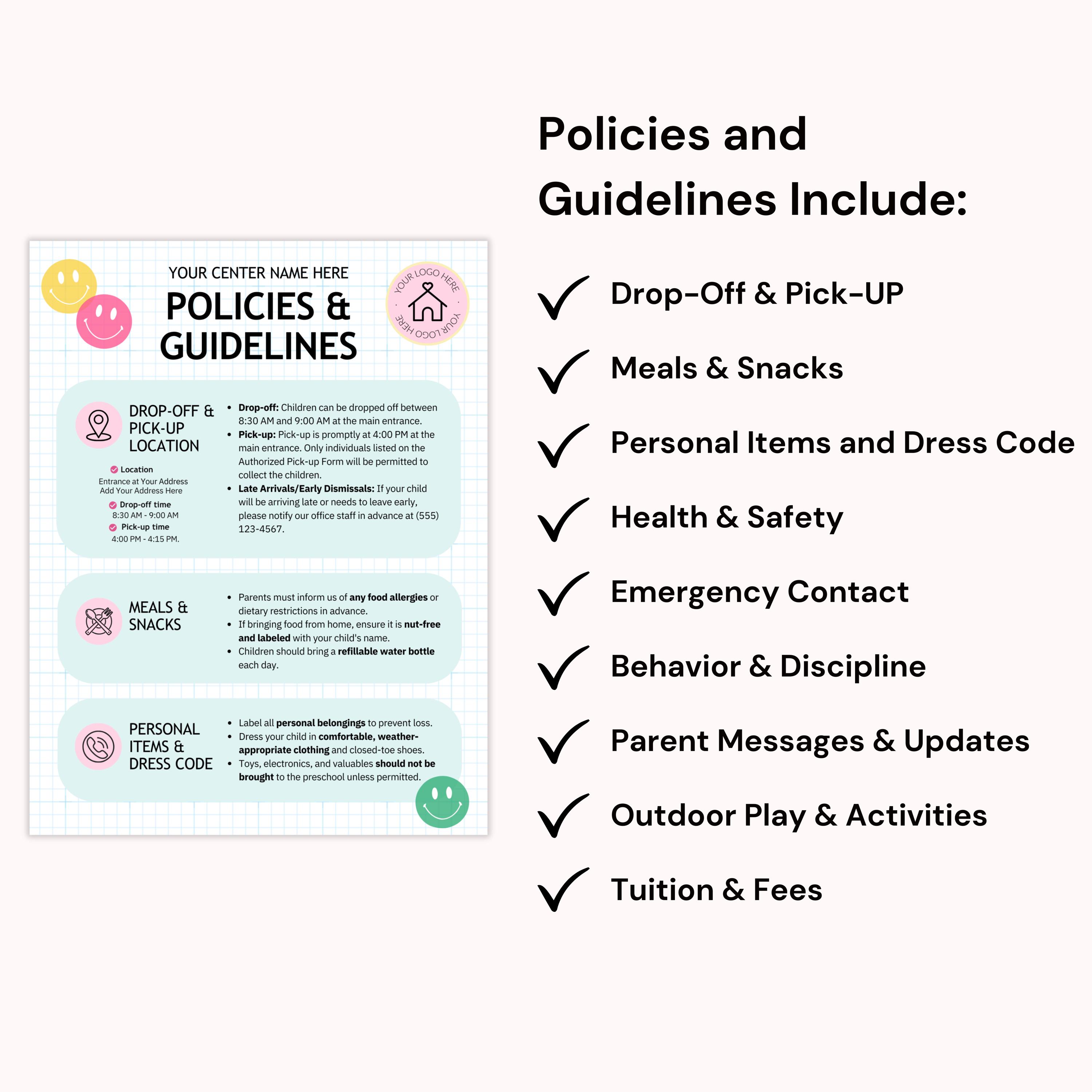 Preschool & Daycare Policies Template Editable Parent Handbook Rules ...