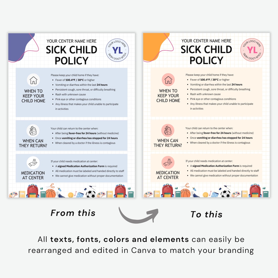 Editable Sick Child Policy Template Canva Preschool Illness Guidelines ...
