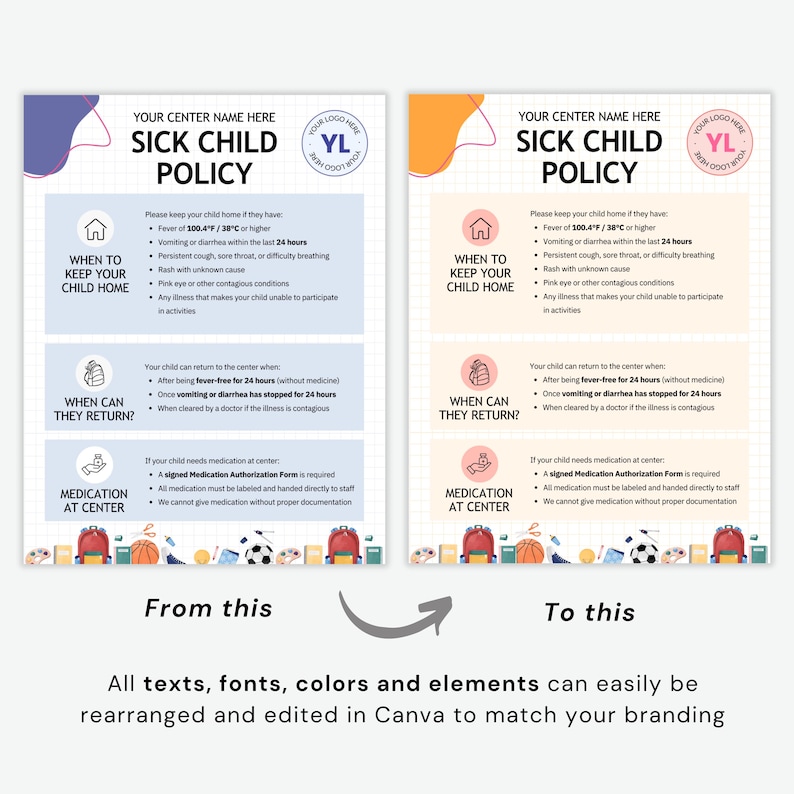 Editable Sick Child Policy Template Canva Preschool Illness Guidelines ...