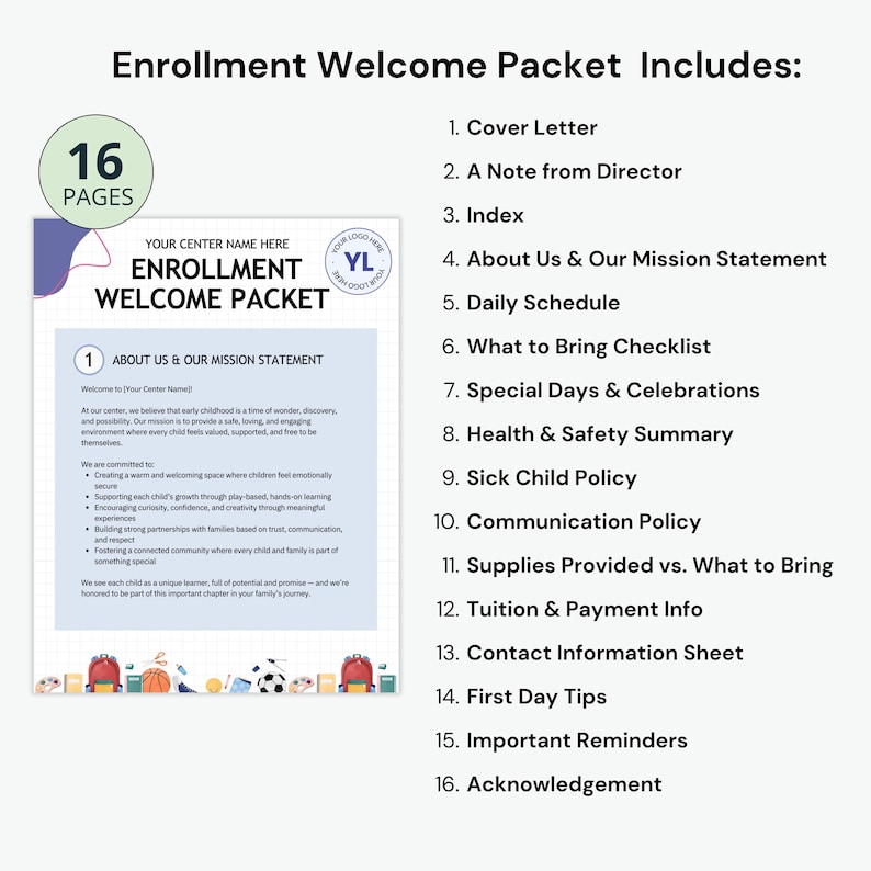 Enrollment Welcome Packet for Daycare Preschool Editable Childcare ...