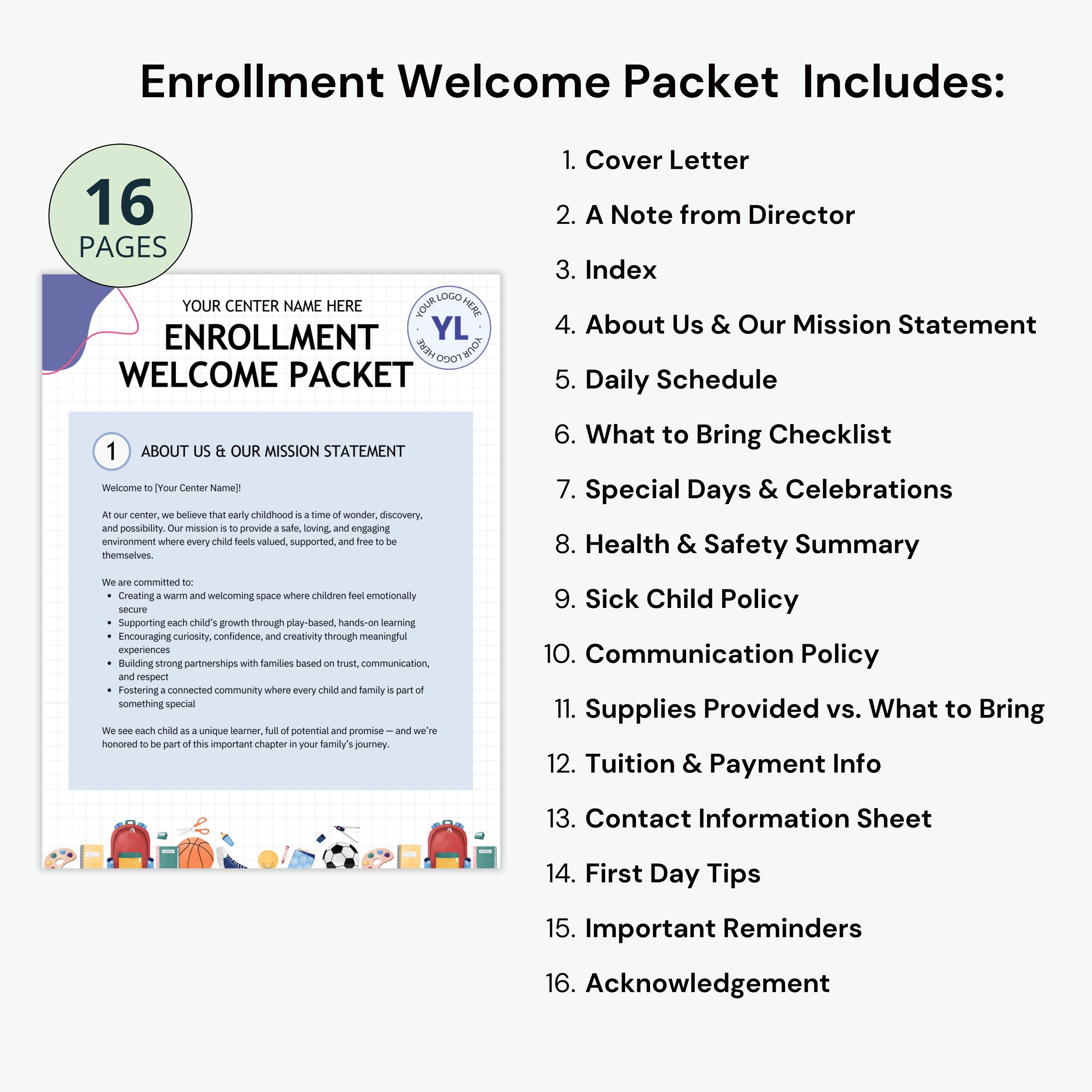 Enrollment Welcome Packet for Daycare Preschool Editable Childcare ...