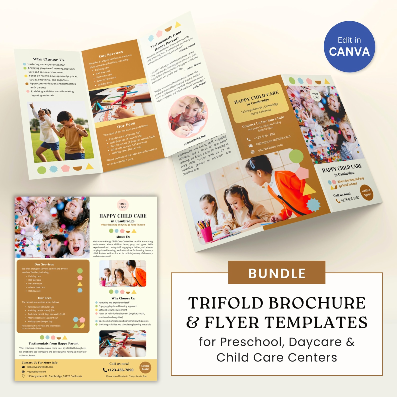 BUNDLE Matching Trifold Brochure & Flyer Template Canva for Preschool ...