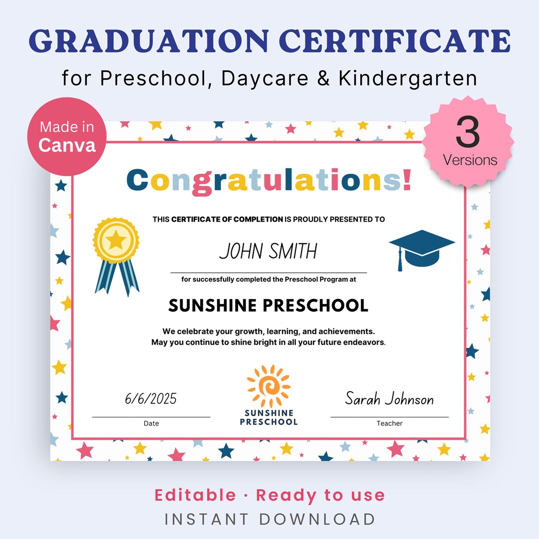 Daycare Graduation Certificate Template Canva for Preschool Graduation ...