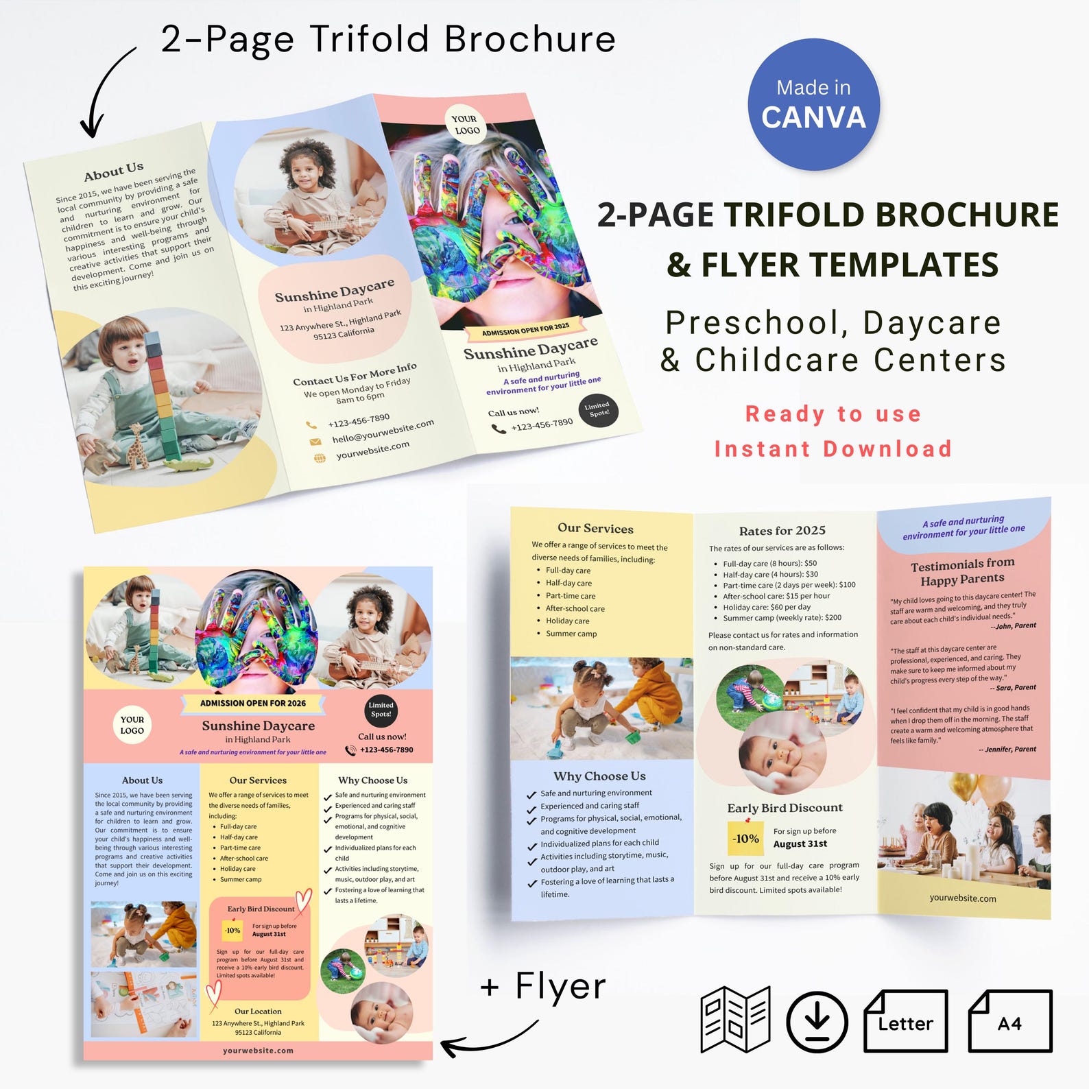 Preschool Daycare Flyer & Trifold Brochure EDITABLE Matching Brochure ...