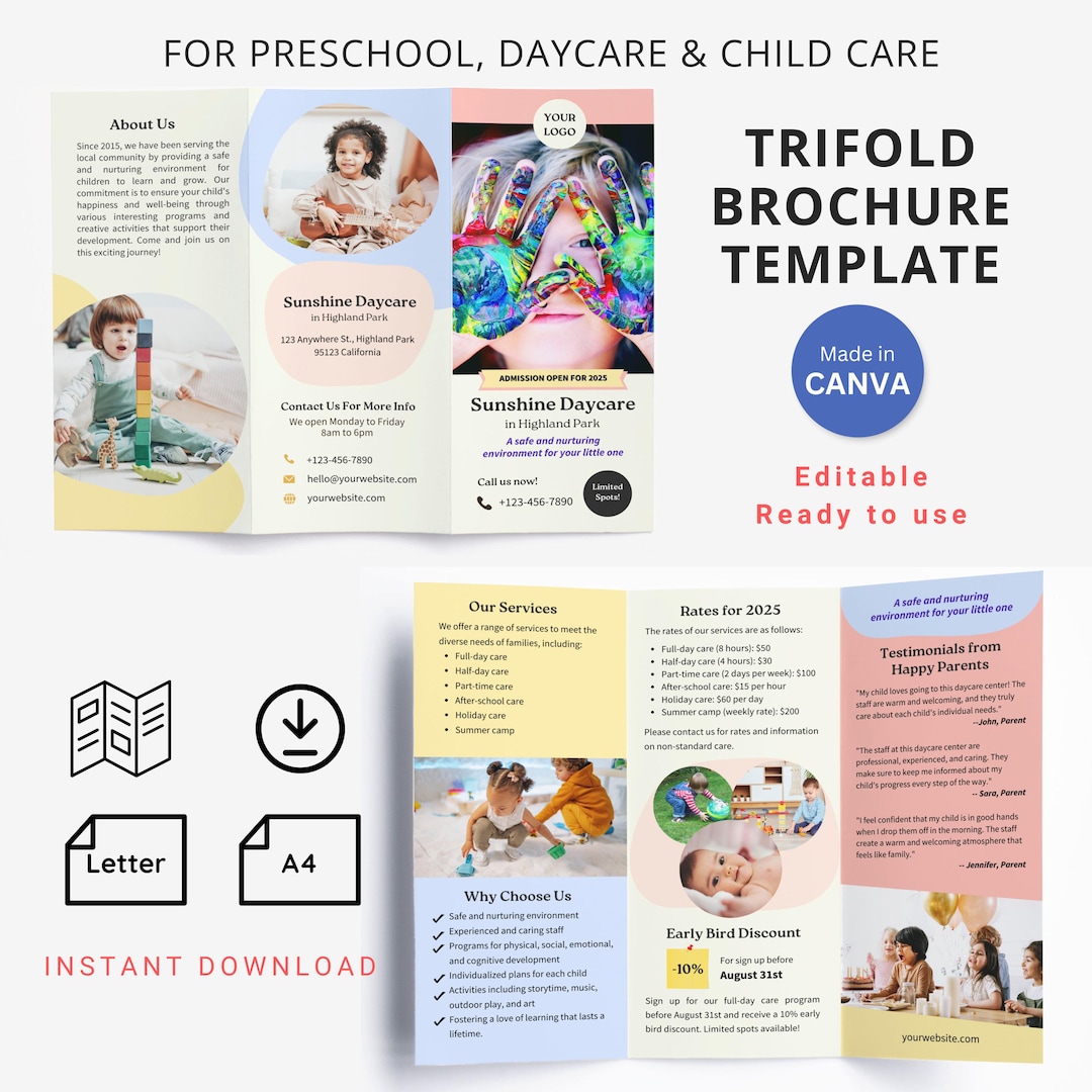 Editable Trifold Brochure for Preschool Daycare Canva Template School ...