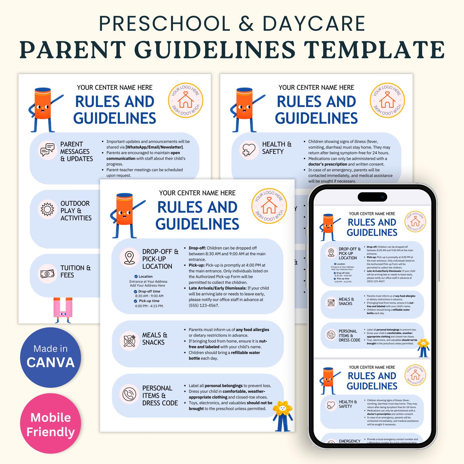 Parent Guidelines Template Editable Preschool & Daycare Handbook ...