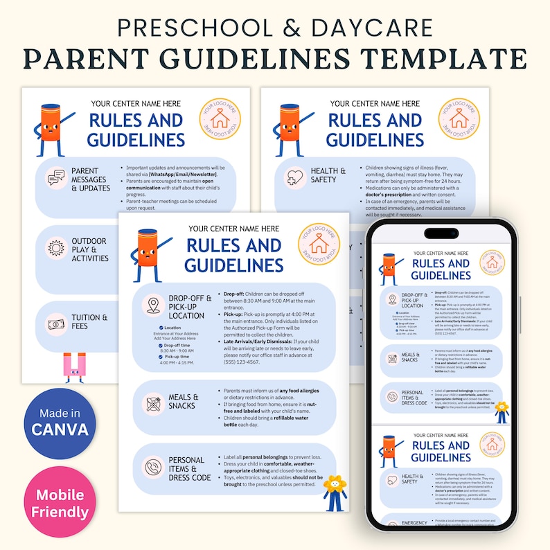 Parent Guidelines Template Editable Preschool & Daycare Handbook ...