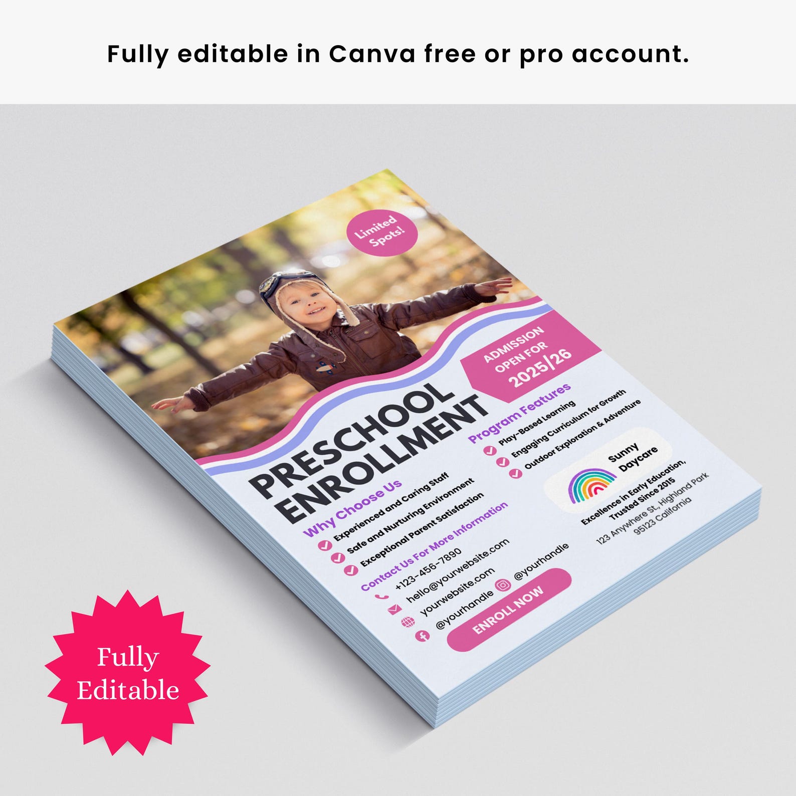 Preschool Flyer Template Daycare Admission Canva Template Editable Leaflet Childcare Early ...