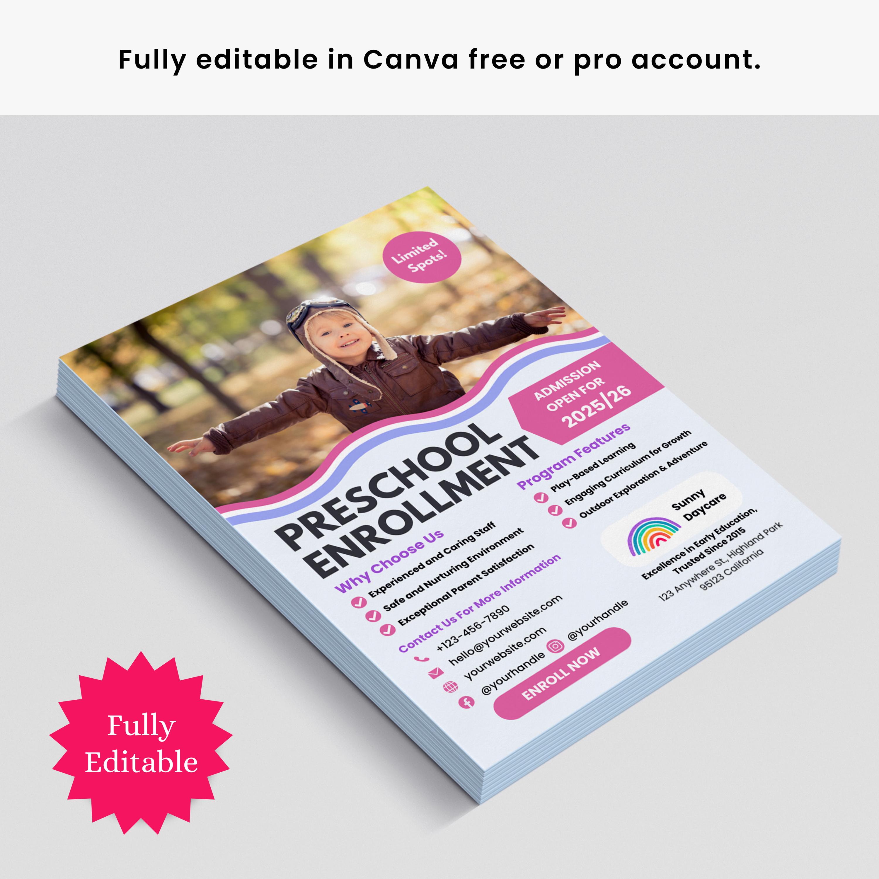 Preschool Flyer Template Daycare Admission Canva Template Editable ...