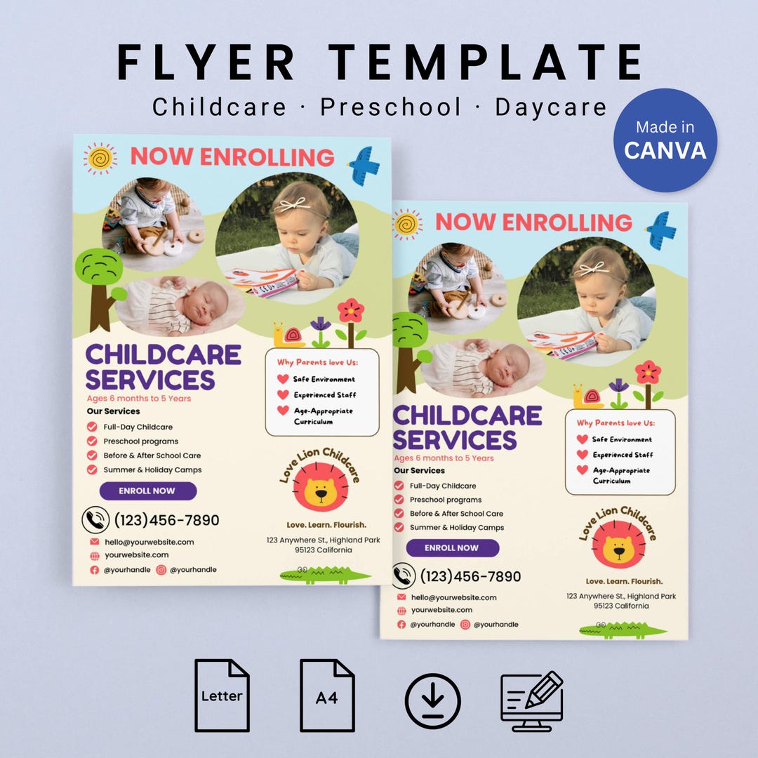 Editable Child Care Flyer Template Canva Preschool Daycare Leaflet ...