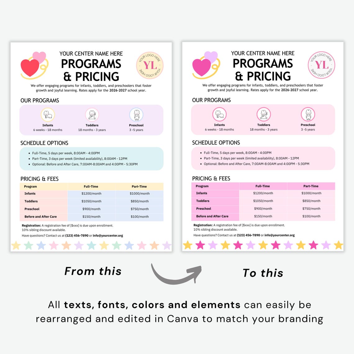Childcare Programs & Pricing Template Canva Preschool Tuition Fees Info ...