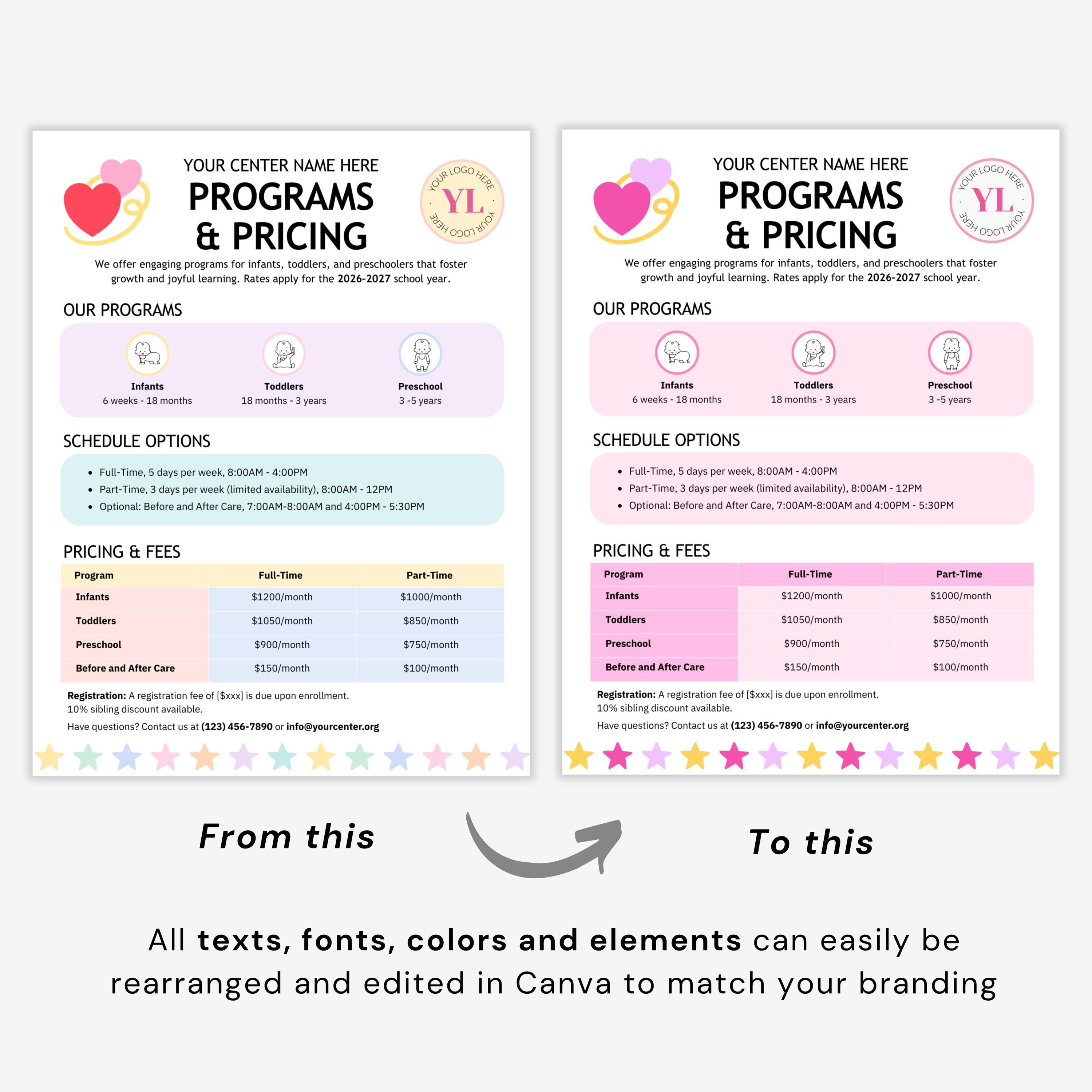 Childcare Programs & Pricing Template Canva Preschool Tuition Fees Info ...