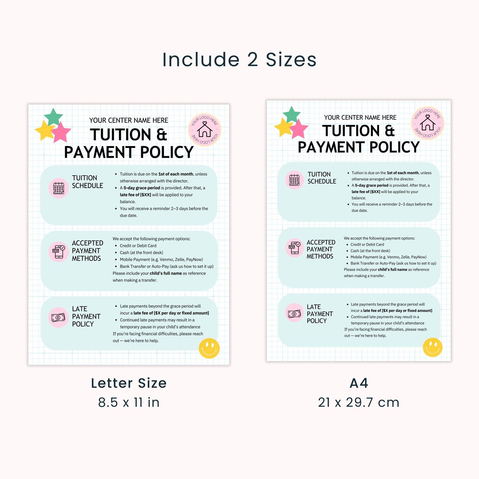 Daycare Tuition & Payment Policy Canva Template Editable Tuition Info ...