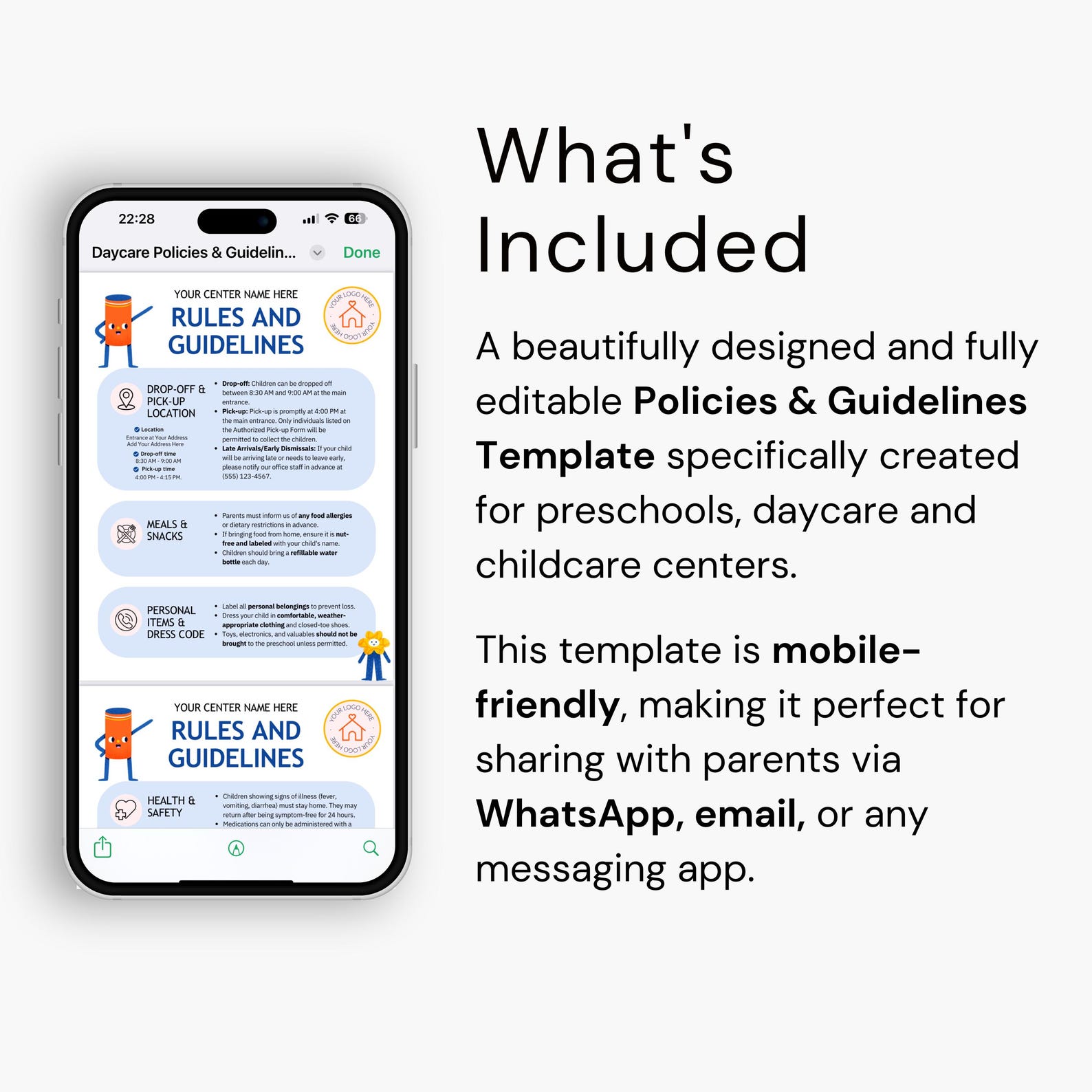 Parent Guidelines Template Editable Preschool & Daycare Handbook ...