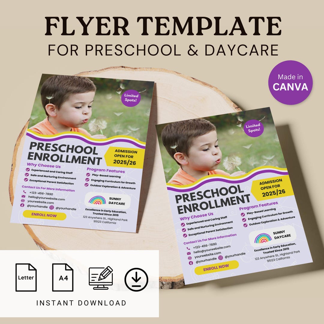 Preschool Flyer Template Daycare Enrollment Flyer Canva Template Pre-k ...