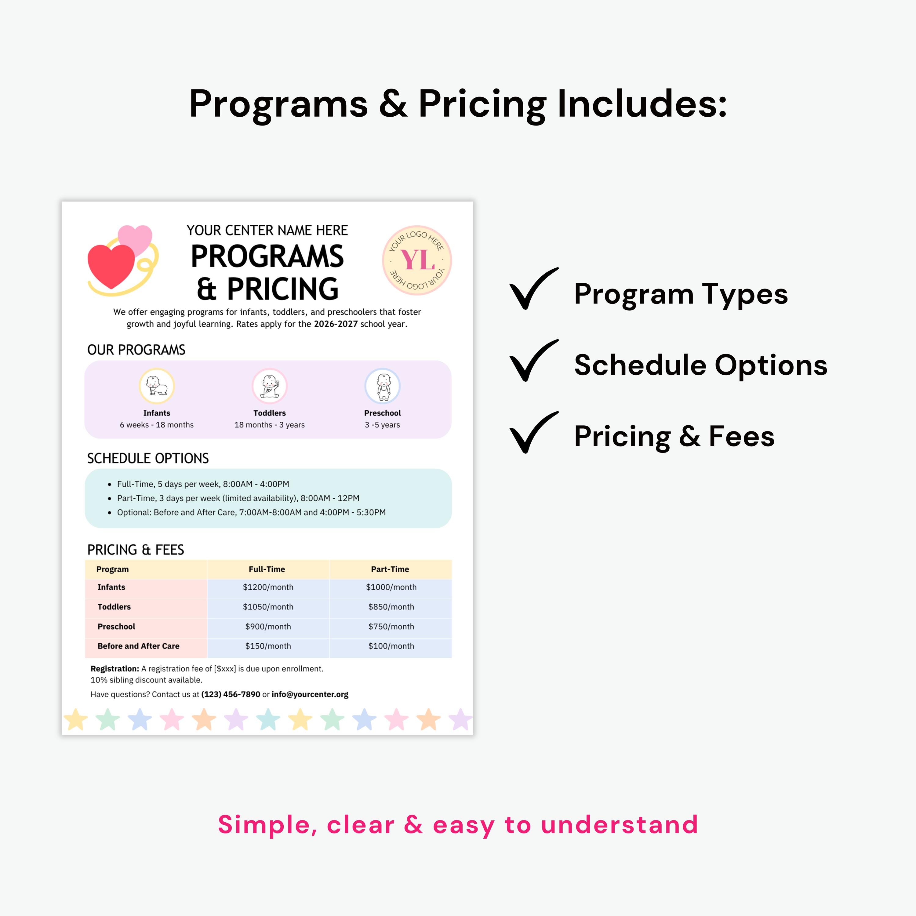 Childcare Programs & Pricing Template Canva Preschool Tuition Fees Info ...