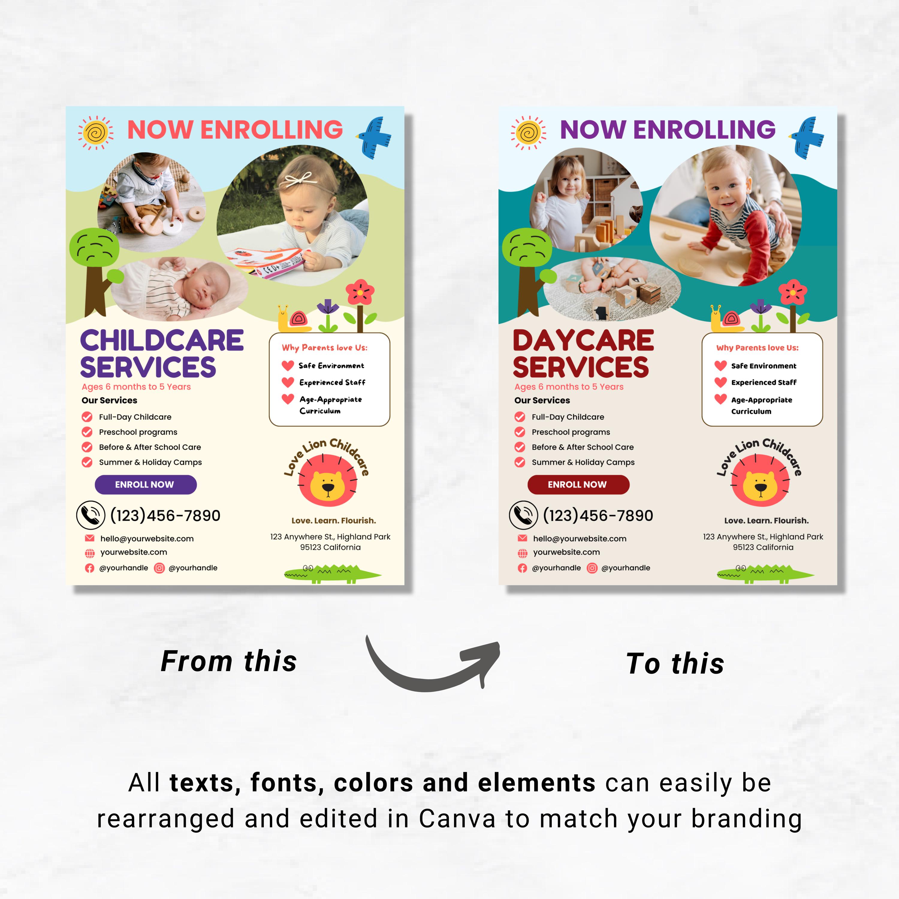 Editable Child Care Flyer Template Canva Preschool Daycare Leaflet ...