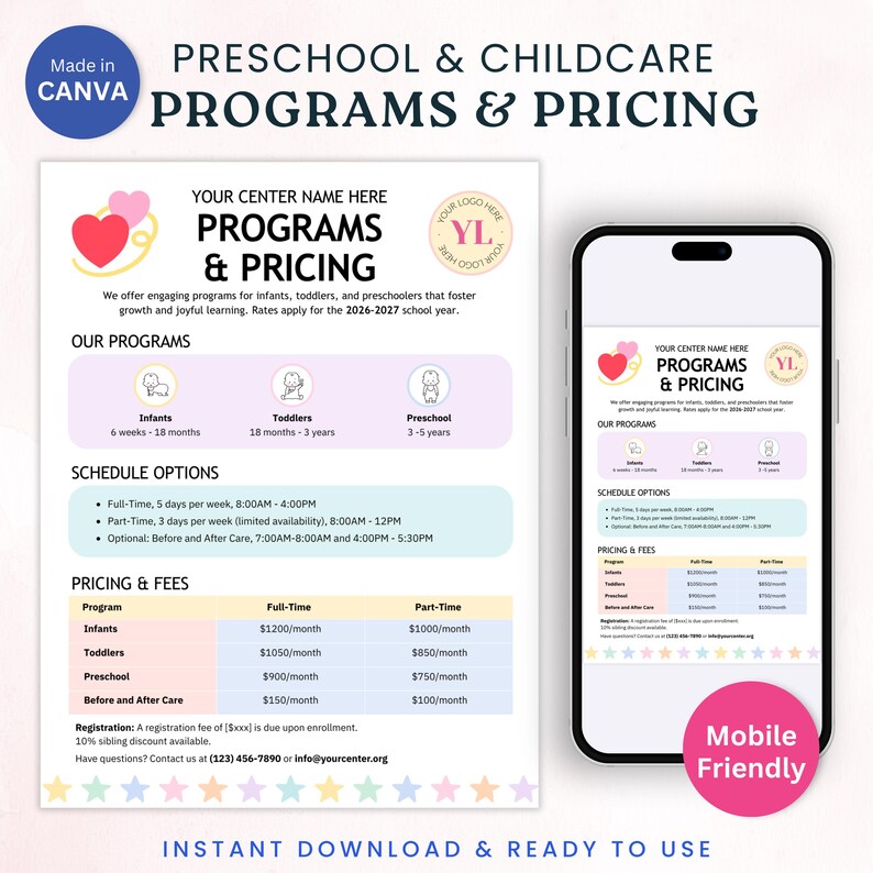Childcare Programs & Pricing Template Canva Preschool Tuition Fees Info ...