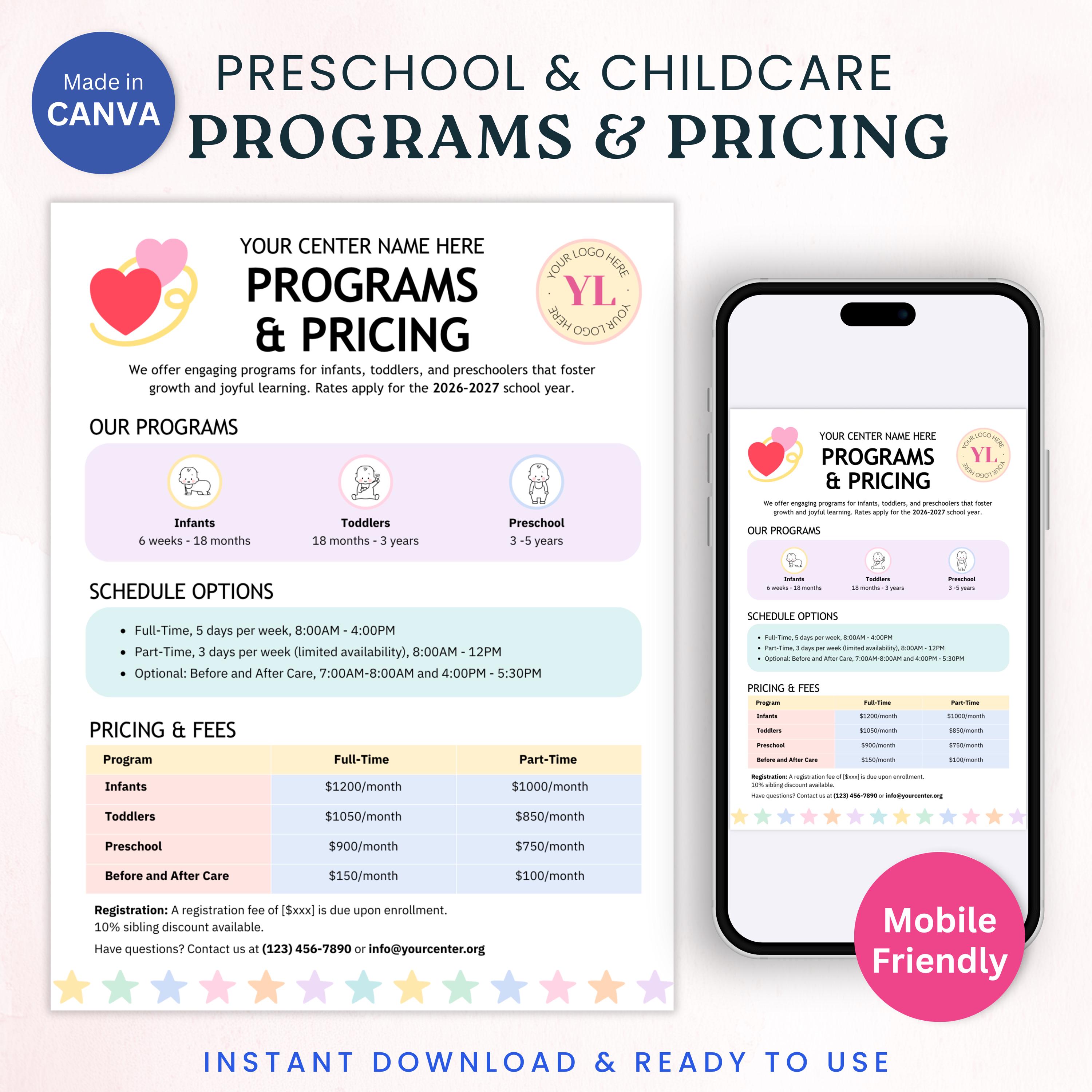 Childcare Programs & Pricing Template Canva Preschool Tuition Fees Info ...