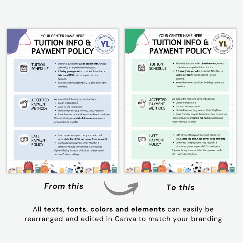 Editable Tuition Policy Canva Template Mobile Friendly Daycare Parent ...