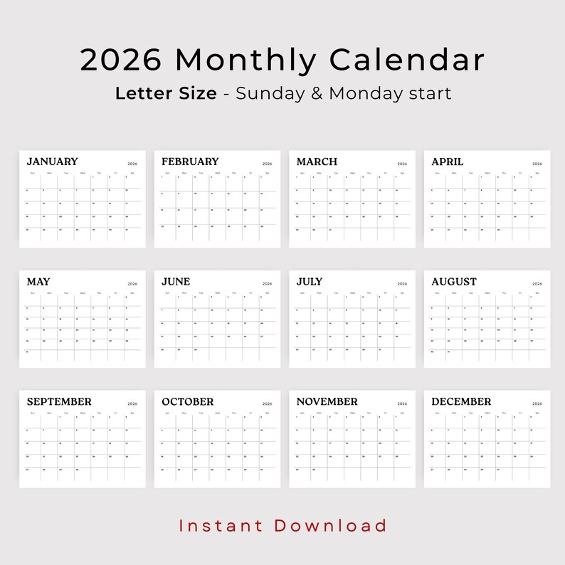 2026 Calendar 2026 Monthly Planner Printable PDF Download A4 Letter ...