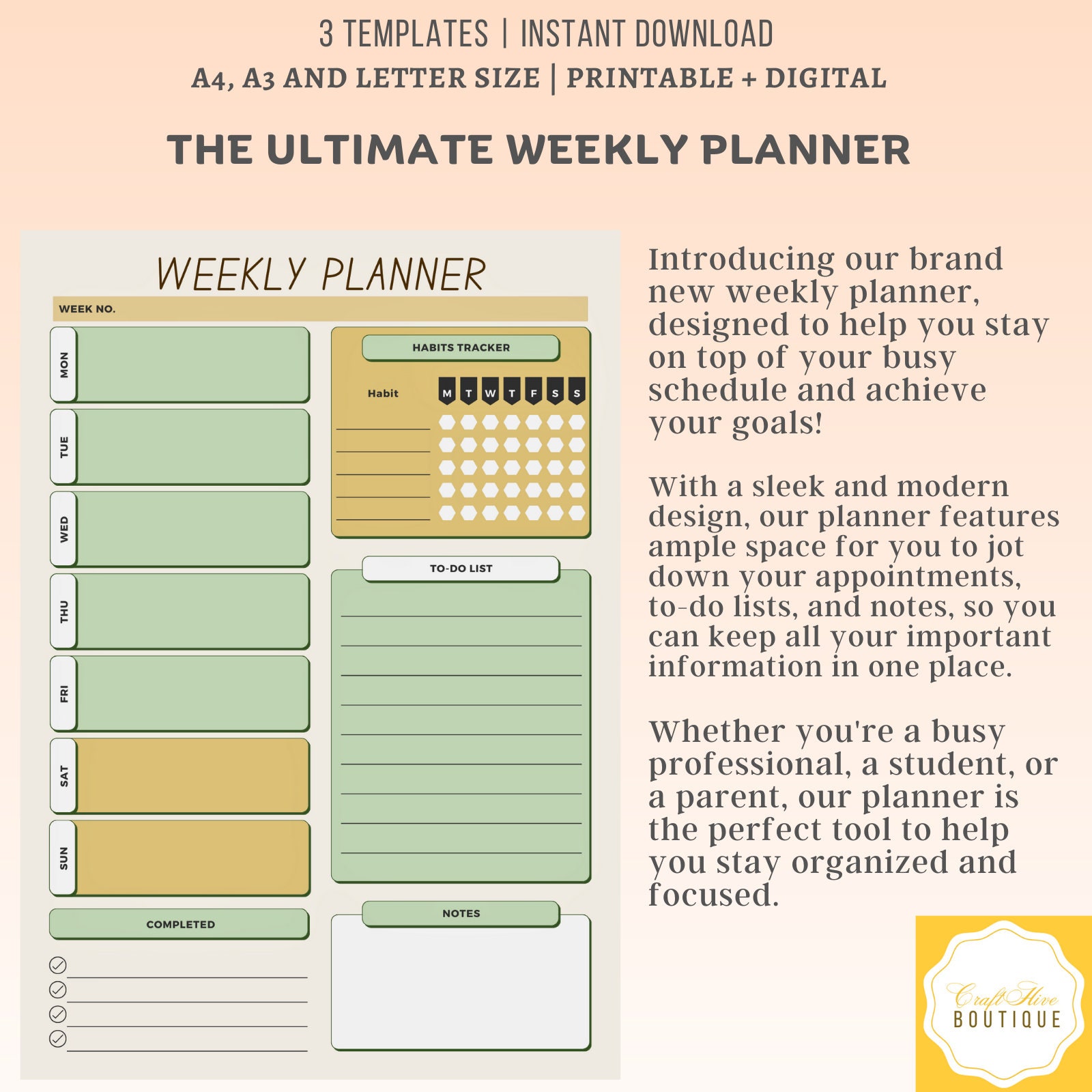 Weekly Planner Printable A4, A3, Letter, Minimalist Weekly Schedule ...