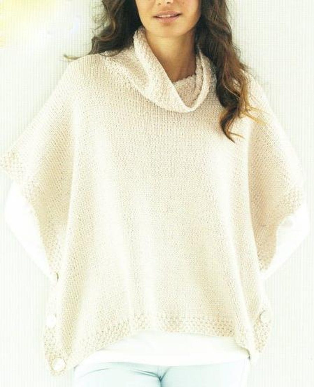 Easy Beginner One Piece Womans Polo Neck Poncho One Size Side Button ...