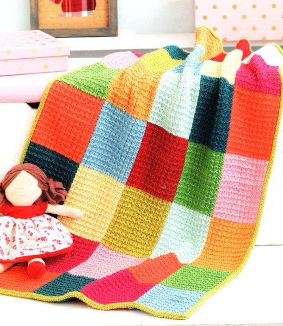 Patchwork Block Chequered Baby Cot Blanket Afghan Knit in Strips 26 X ...