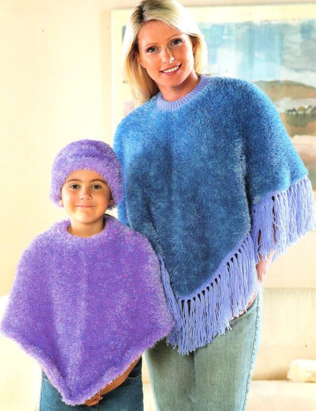 Womens Girls Fur Poncho Plain or Fringed & Hat Furry Eyelash 22 - 40 DK ...