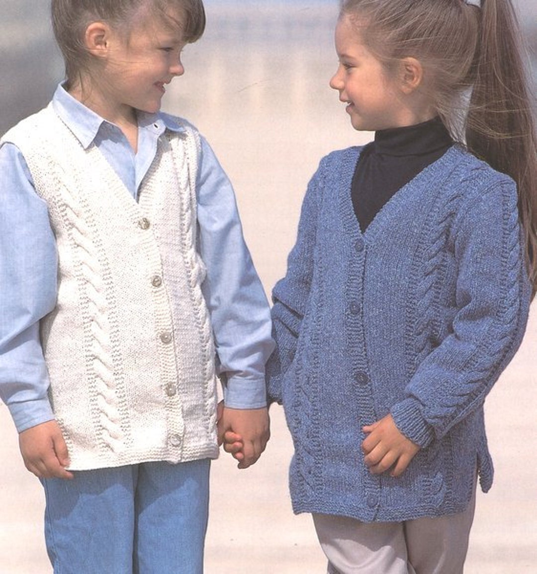Girls Cable V Neck Cardigan Jacket & Waistcoat Side Vents 22"- 30" ~ DK ...