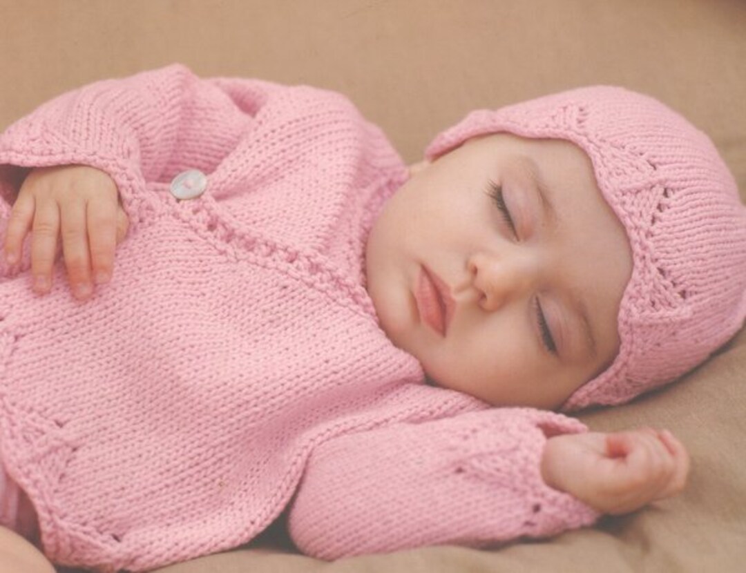 Cross Over Wrap Over Cardigan Lacy Border Pattern & Hat 16-26" (0 - 6 ...