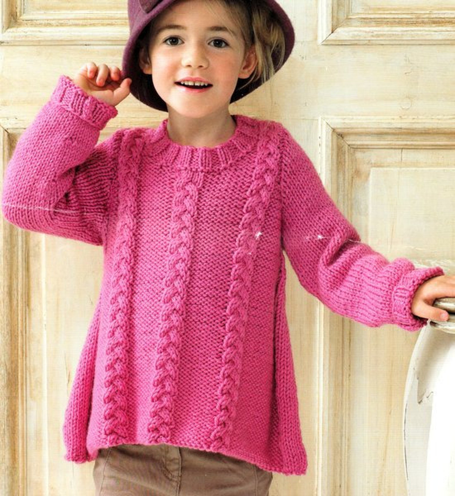 Girls Swing Sweater Tunic Chunky Cable Round Neck 20-30" Chunky Wool 12 ...