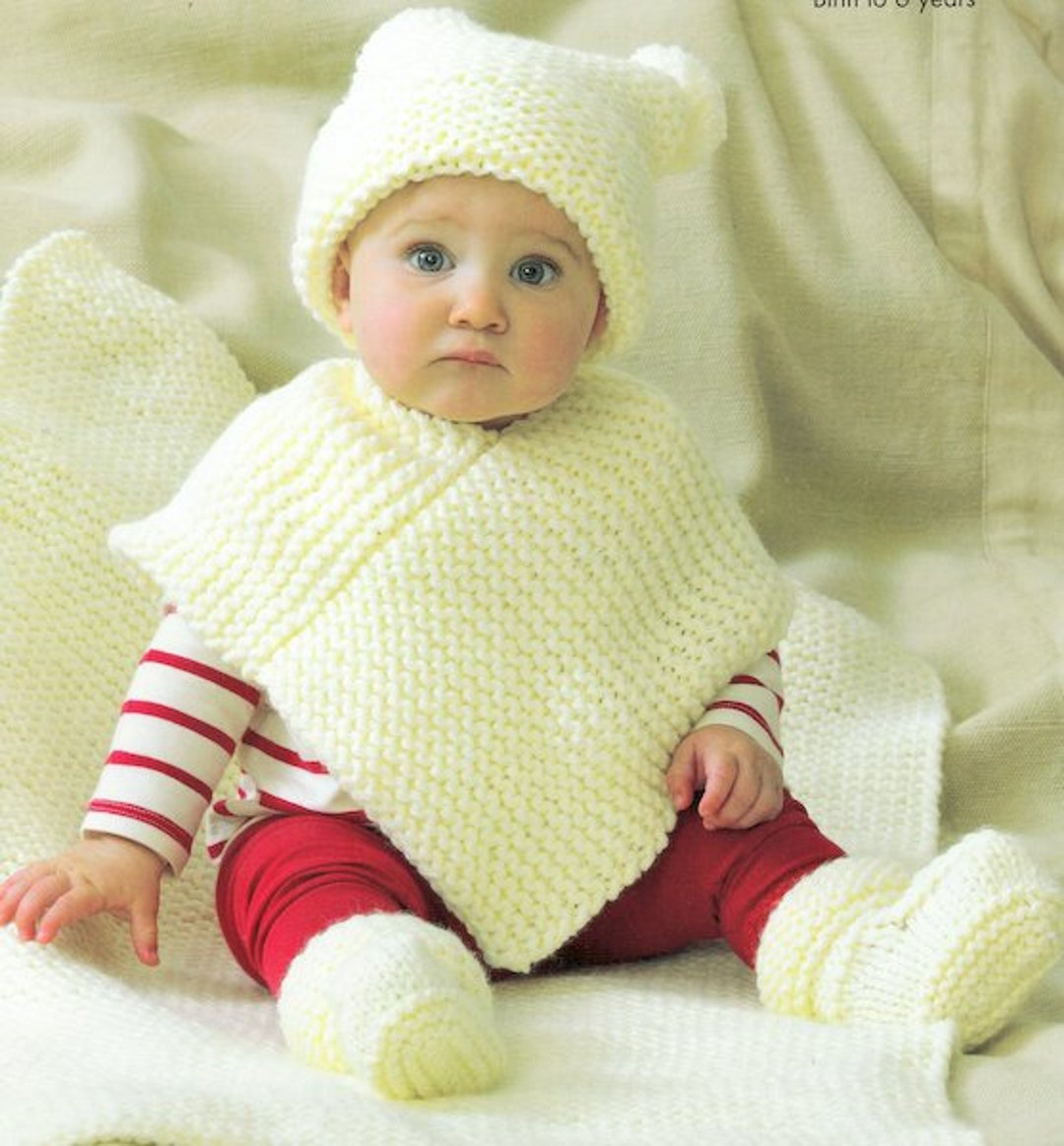 Easy Baby Poncho Garter Stitch Hat Bootees Blanket 18" - 26 "chunky ...