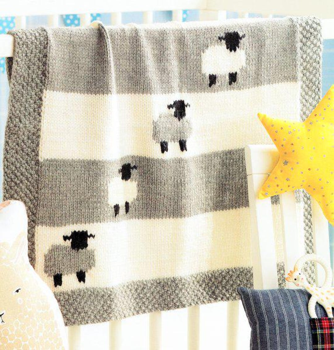 Sheep Lamb Motif Striped Baby Cot Blanket Afghan Intarsia 23 X 21 ...