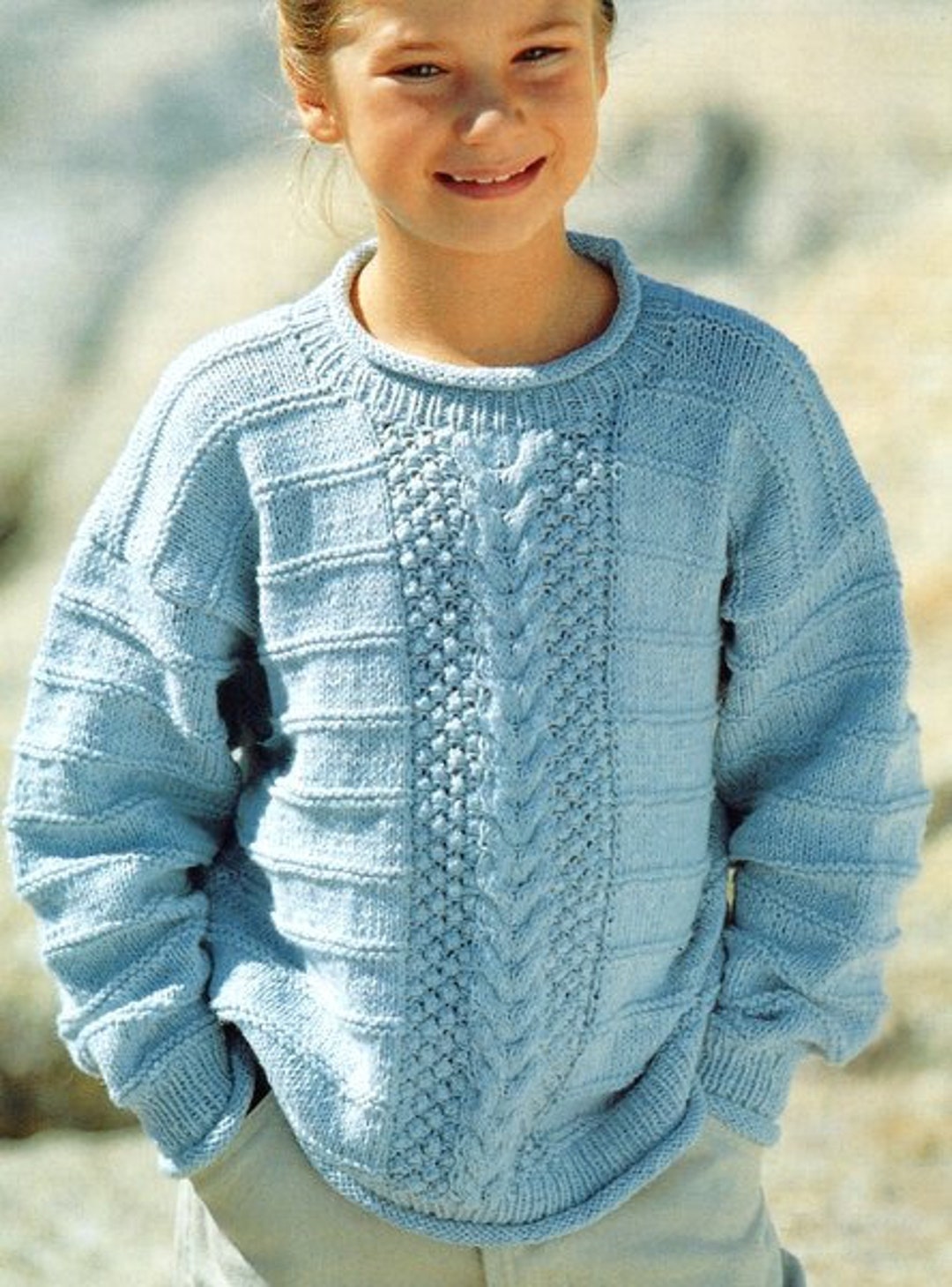 Childrens Cable Rib Popcorn Bramble Stitch Sweater Roll Neck Boys Girls ...