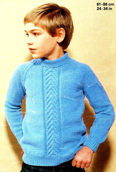 Childrens Cable Panel Sweaters Raglan Sleeve Round Crew Neck 24-34" DK ...