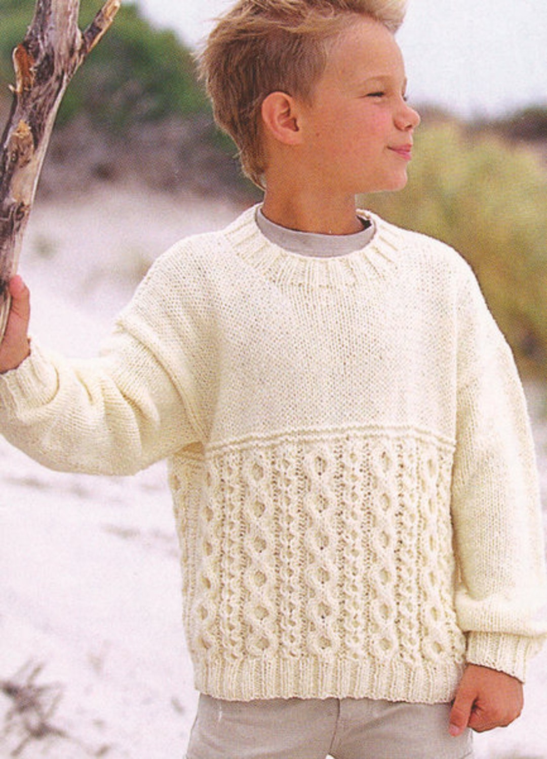 Childrens Aran Cable Sweater Round Neck Patterned or Plain Yoke 22-32 ...
