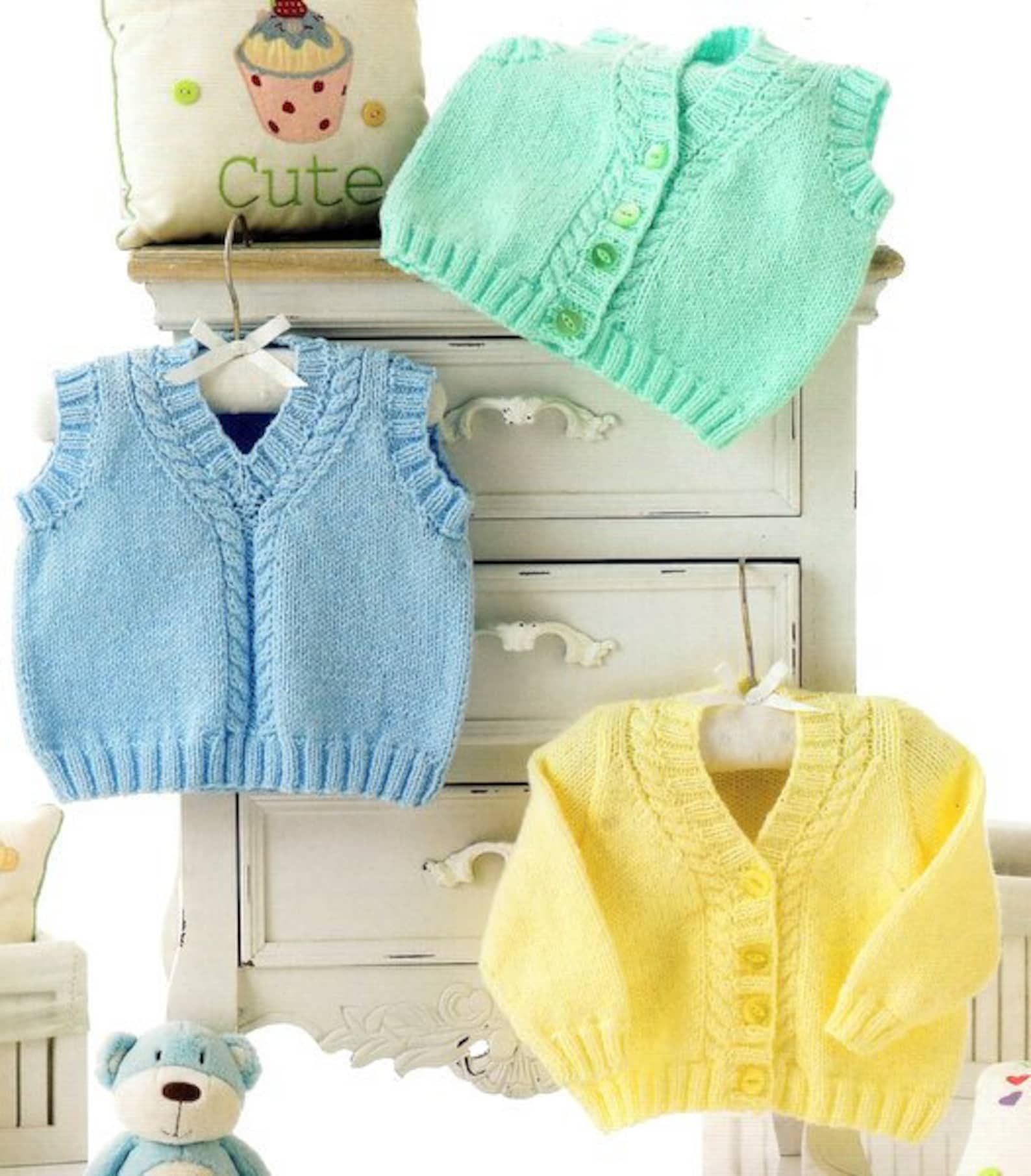 Cable Cardigan Waistcoat & Slipover V Neck Premature 12"- 20" (0 ...