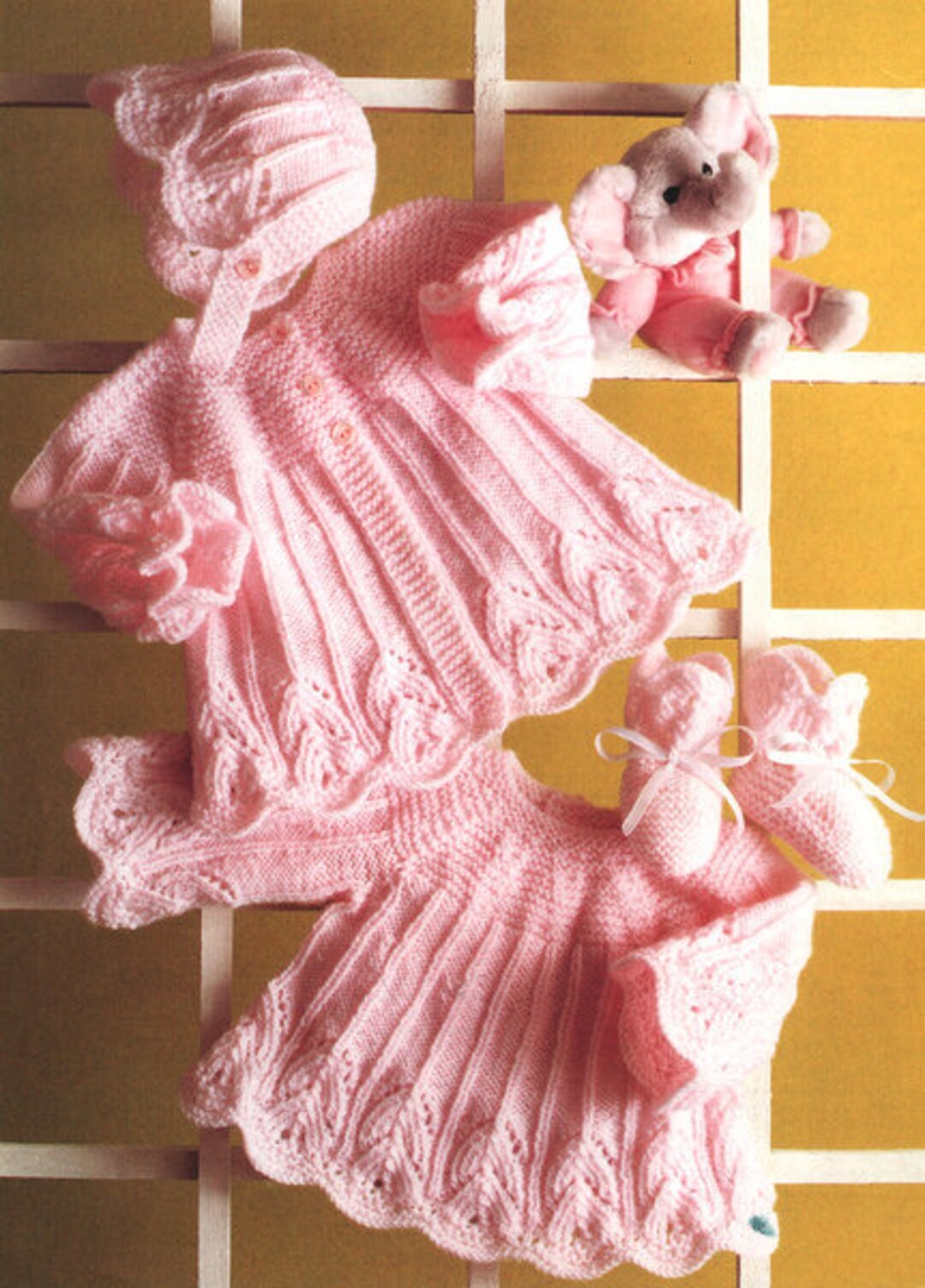 Baby Girls Lacy Scalloped Dress Jacket Bonnet & Bootees 14" - 20" DK 8 ...