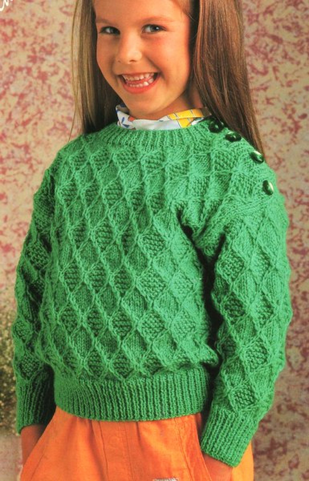 Girls Round Neck Diamond Cable Pattern Sweater Neck Buttoning 24-30" DK ...