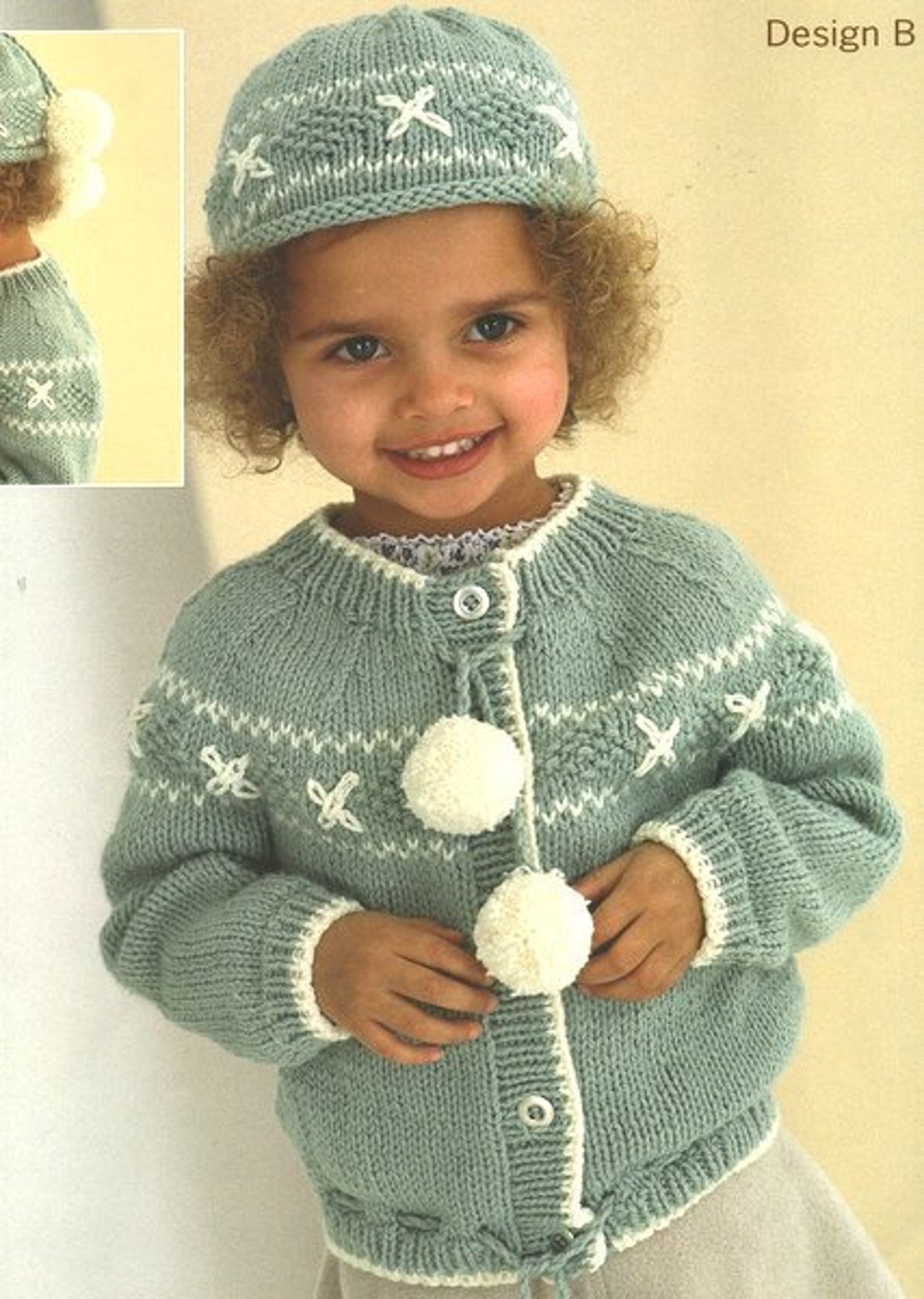 Girls Aran 2 Colour & Single Colour Pom Pom Cardigan and Matching Hat ...