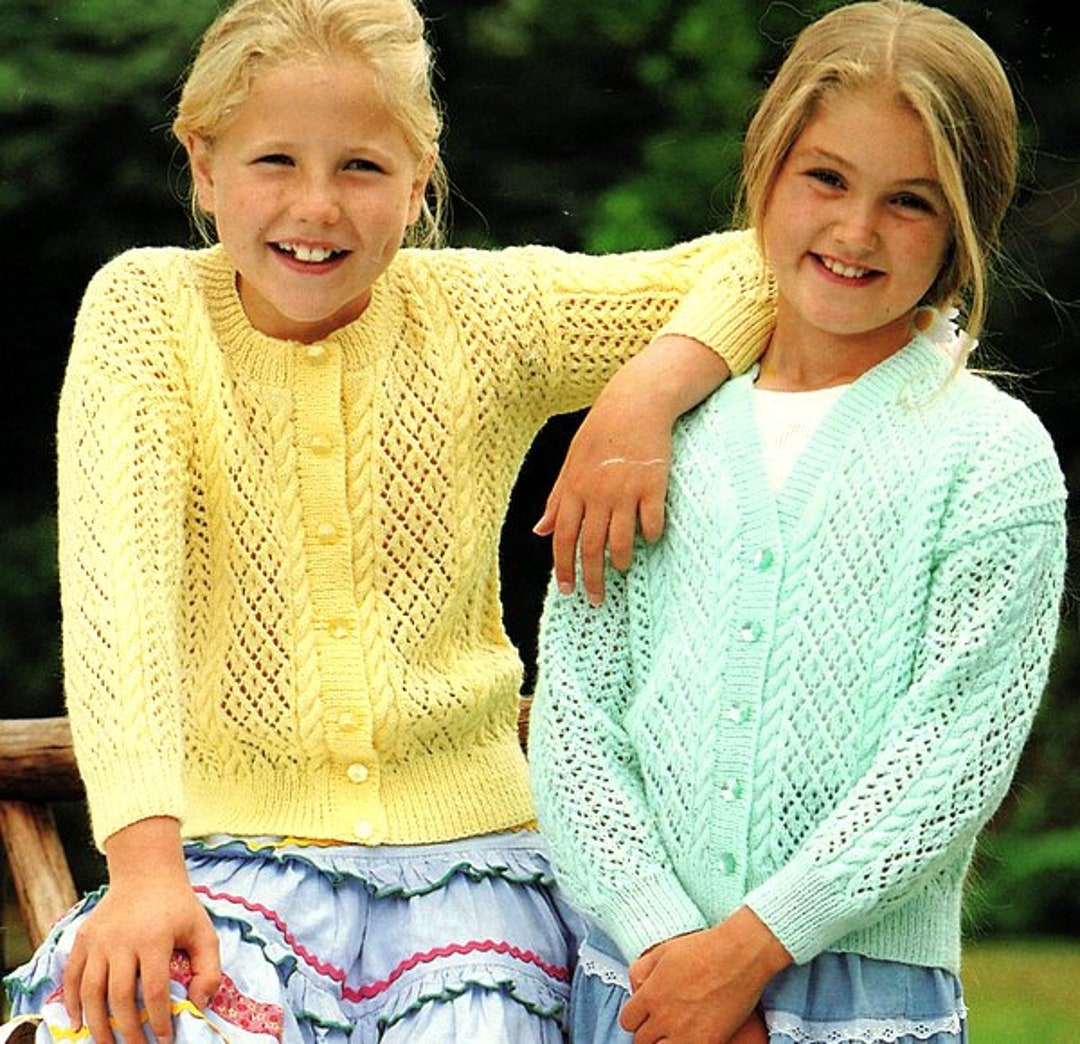 Girls Lacy Diamond & Cable Cardigan V or Round Neck 20