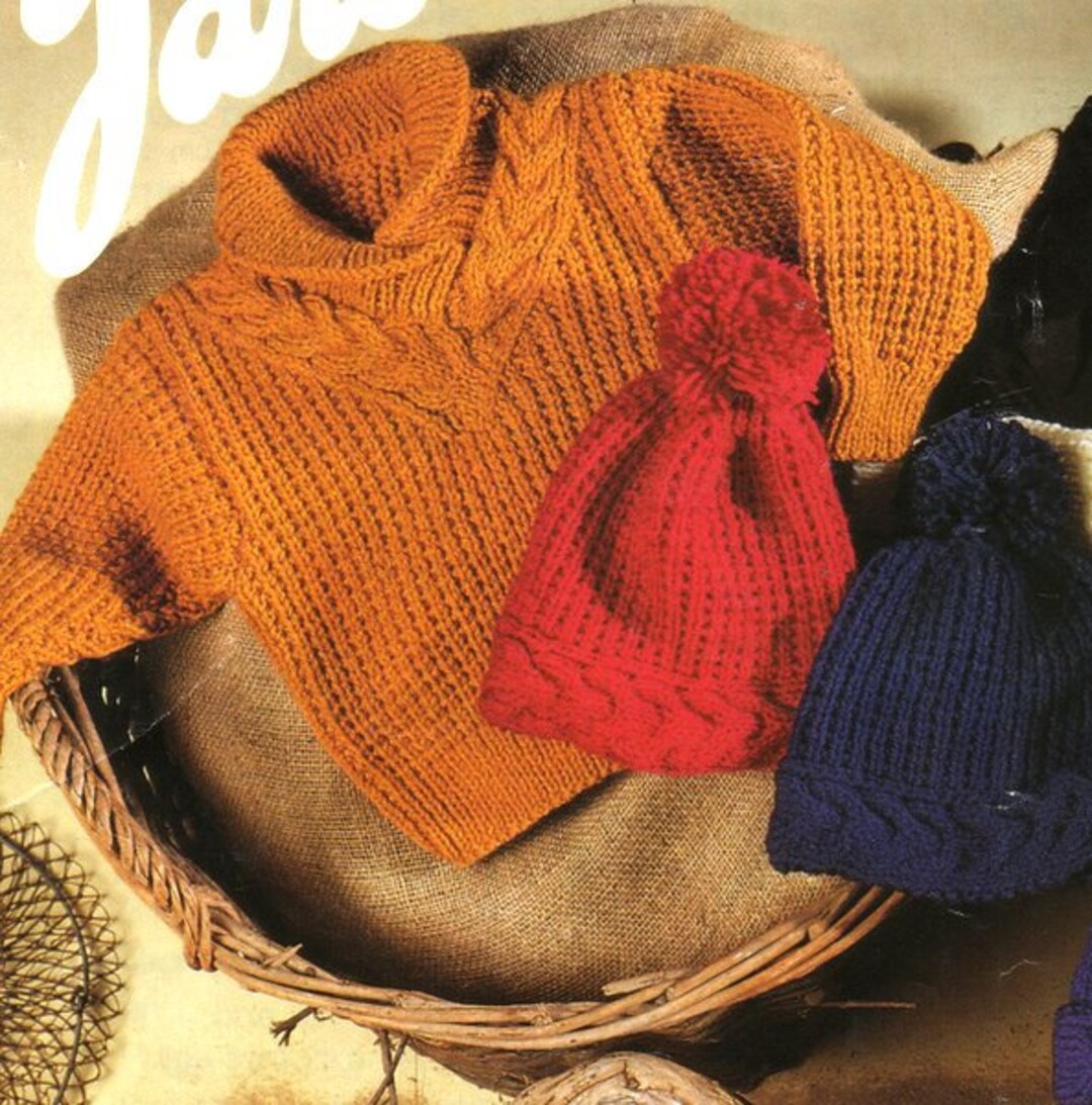 Baby Childrens Shawl Roll Wrap Neck Cable Rib Sweater & Hat 18"- 24 ...