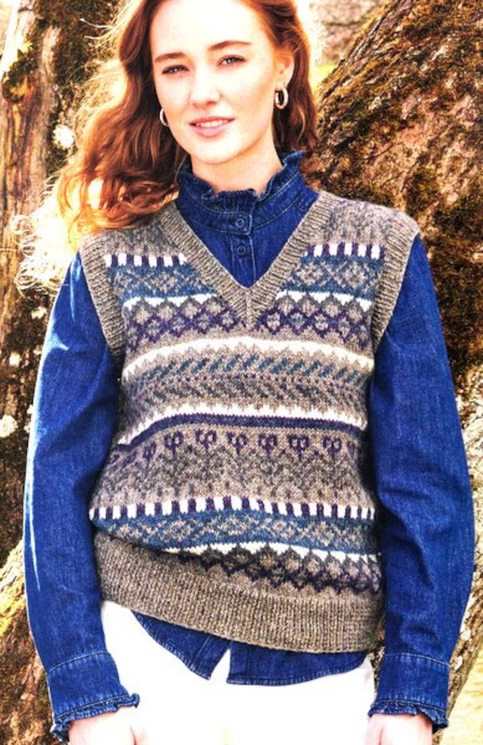 Fair Isle Slipover V Neck Sleeveless Sweater Vest Tank Top 36- 52" DK 8 ...