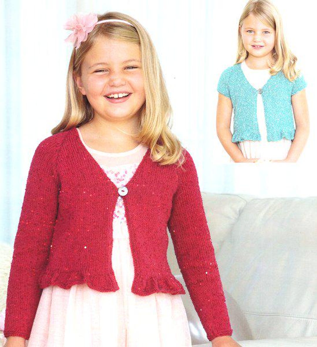 Girls Plain V Neck Cardigan Jacket Long / Short Raglan Sleeve Frilly ...