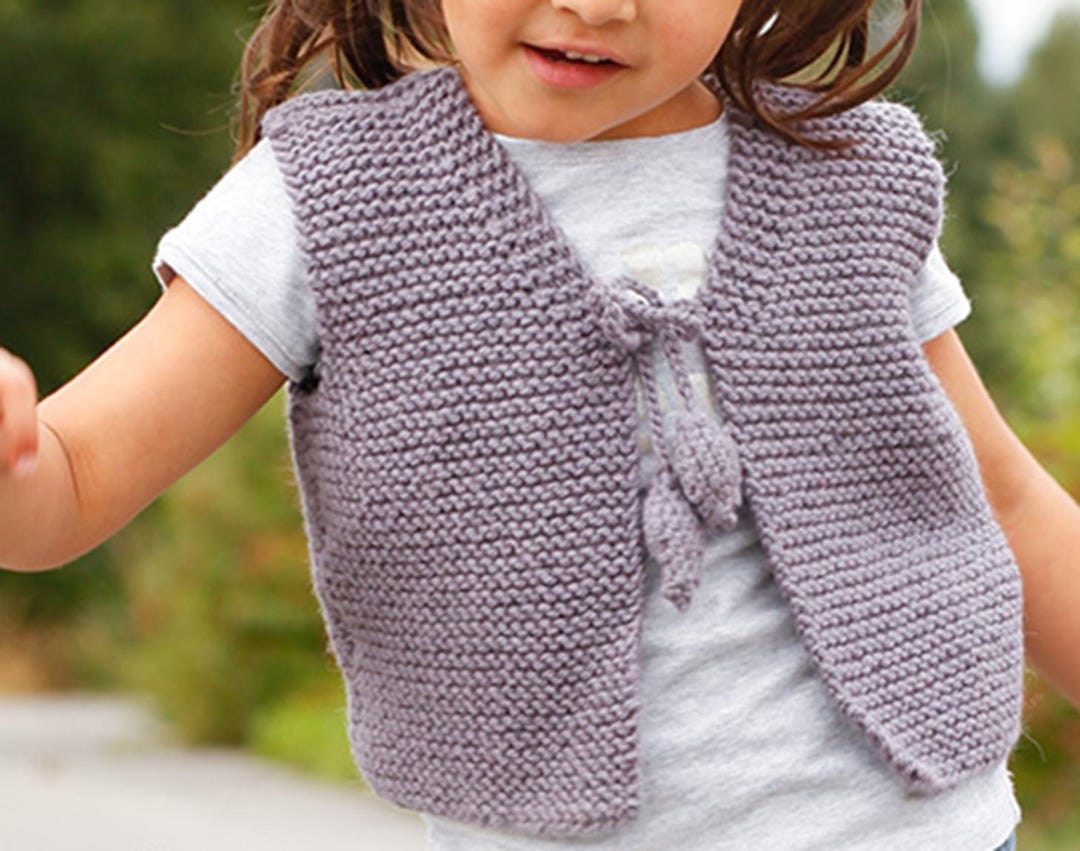 Girls Easy Garter Stitch Waistcoat Jacket Vest Tie Front (3- 12 Yrs ...