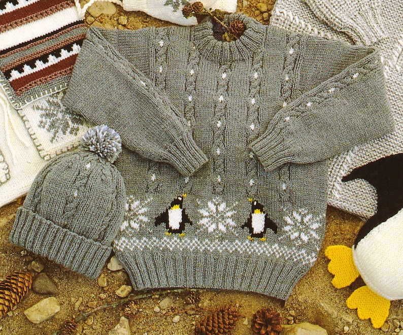 Penguin Baby Childrens Sweater & Hat 20" ~ 30" -1/11 Yrs DK 8 Ply Light ...